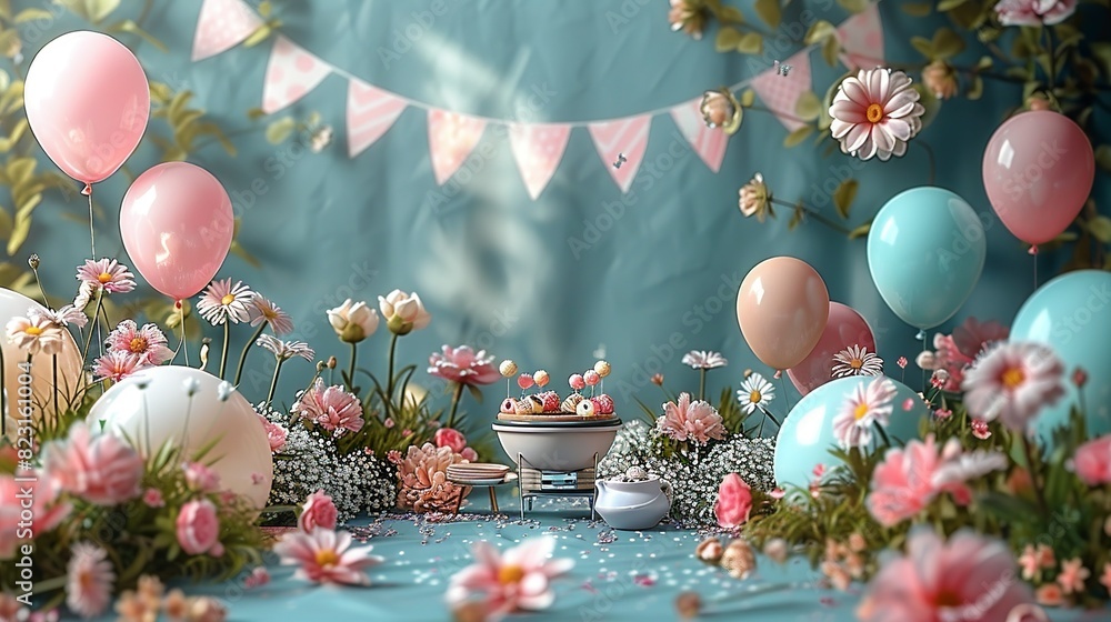 Summer Time, BBQ Party with Pastel Decorations: A lively drawing of a ...