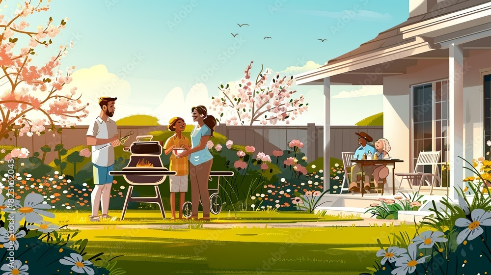 Summer Time, Family BBQ Cookout in Spring: A cheerful drawing of a ...