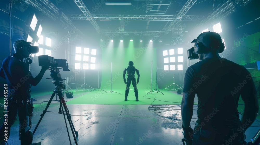 A professional film crew is in a big film studio filming a blockbuster ...