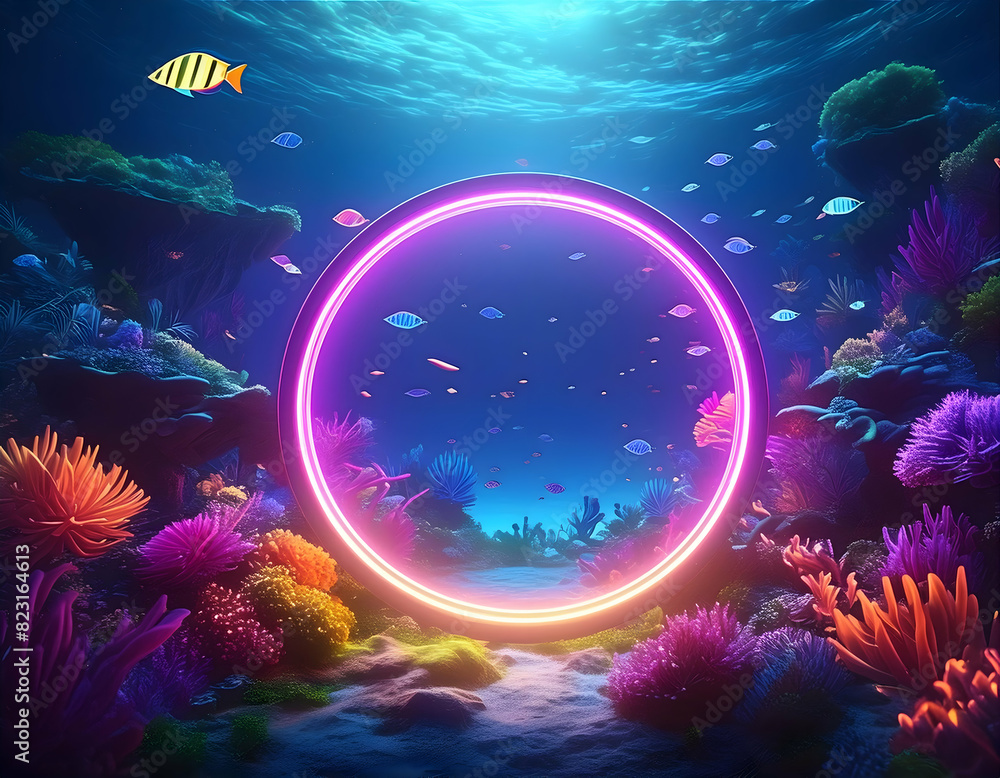 an ethereal underwater scene featuring a vibrant neon circle emitting a ...