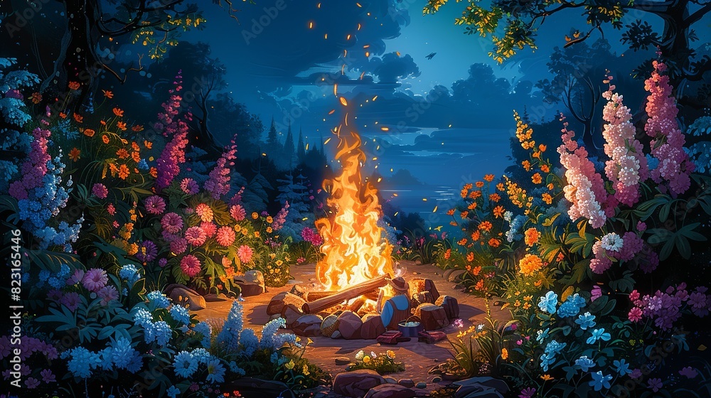 Summer Time, Spring Bonfire with Pastel Flowers: An illustration of a ...