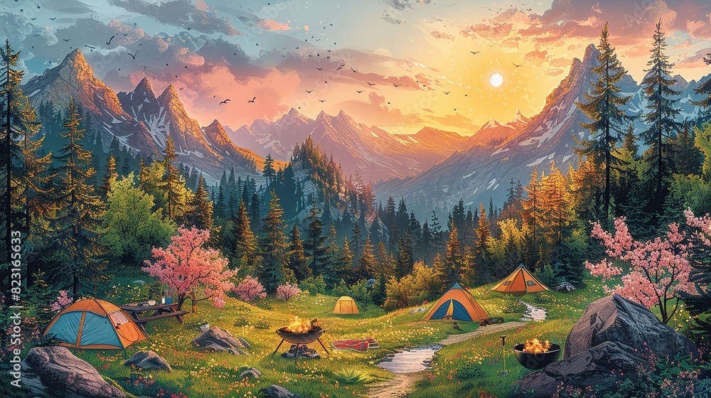 Summer Time, Spring Camp Activities with Pastel Tones: An illustration ...