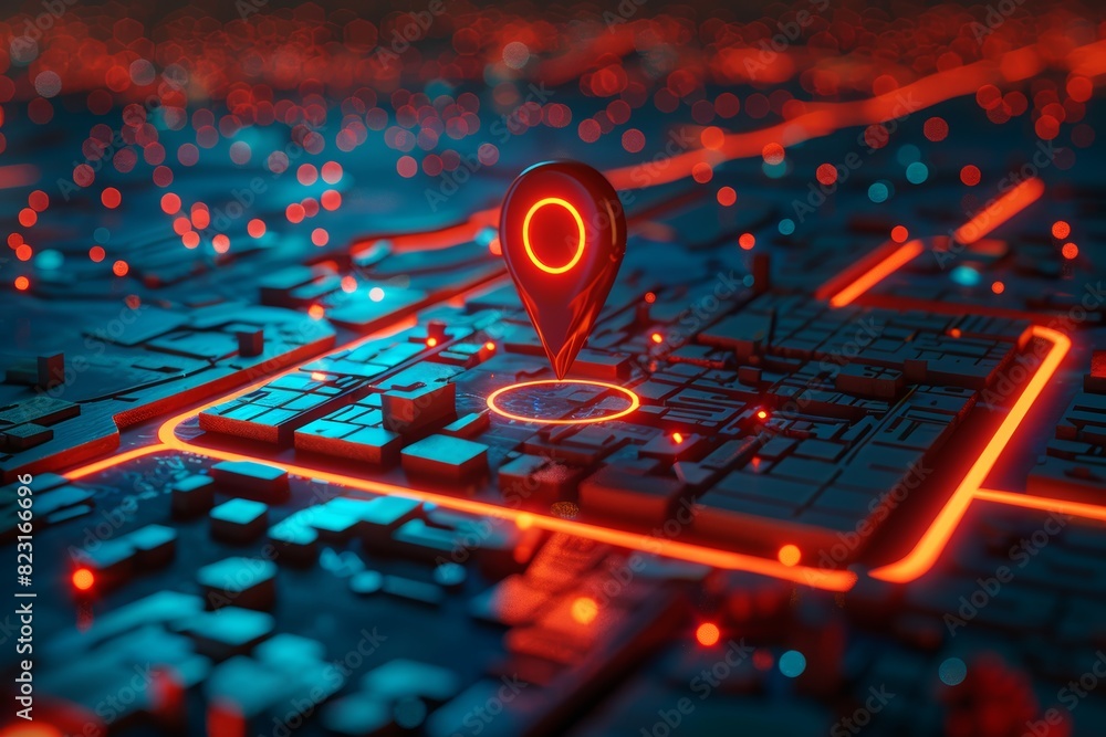 Futuristic city map concept with glowing red and blue lights ...