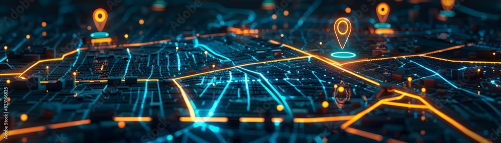 Geographic map with digital pins illustrating location data. Futuristic ...