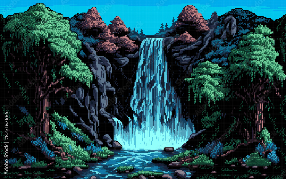 Waterfall cascade and forest landscape. Ai generated 8bit pixel art ...