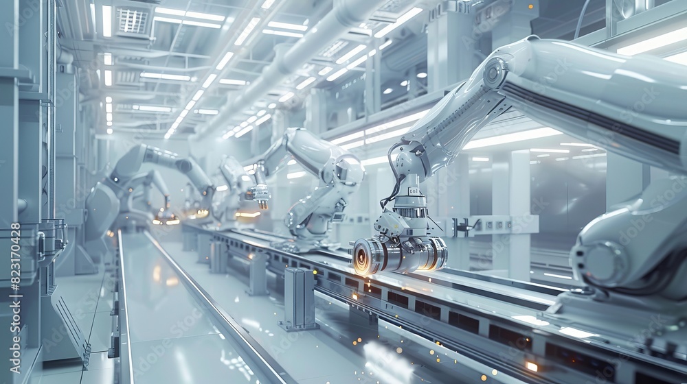 Autonomous robot arm assembly line manufacturing high-tech green energy ...