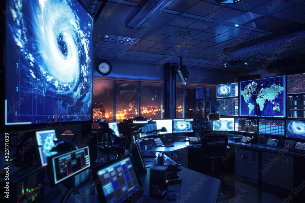 An emergency weather monitoring room during a severe storm alert ...