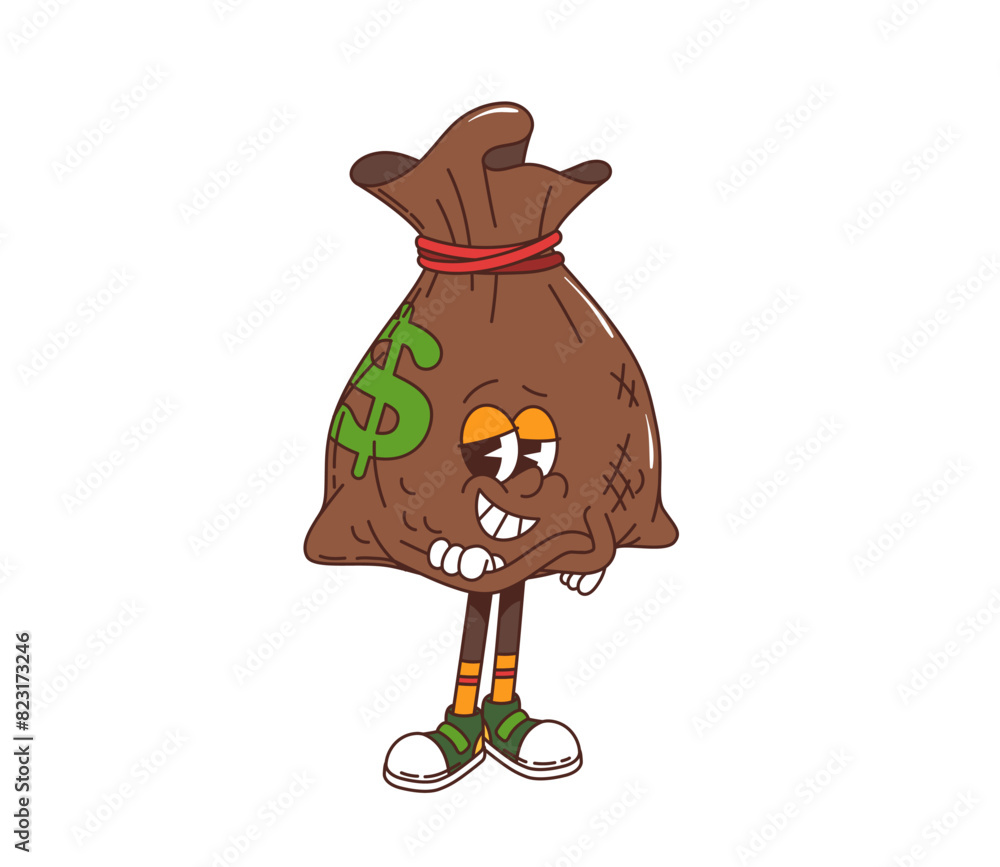Retro groovy money bag character, sporting a big smile, sneakers, and ...