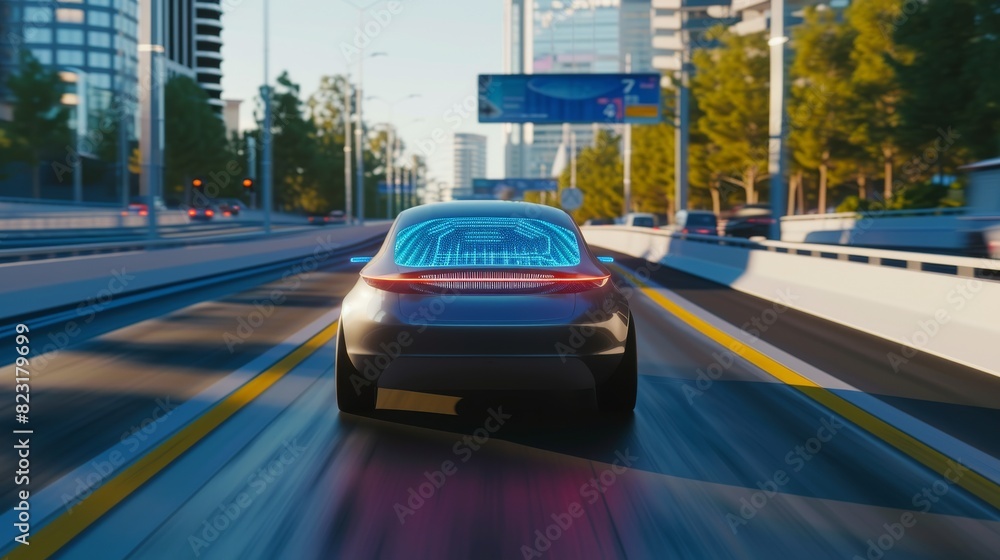 High-speed self-driving car moves swiftly on an urban road with dynamic ...