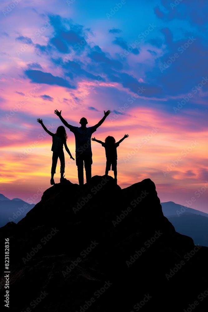 A father and children shouting hurray while watching the sunrise Stock ...