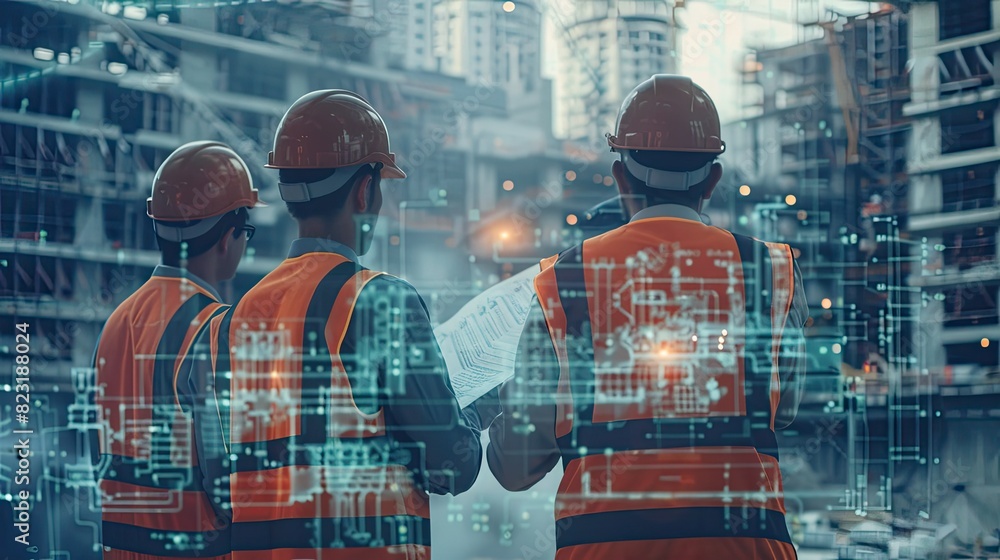Civil engineers in safety vests and helmets inspecting a site with a ...