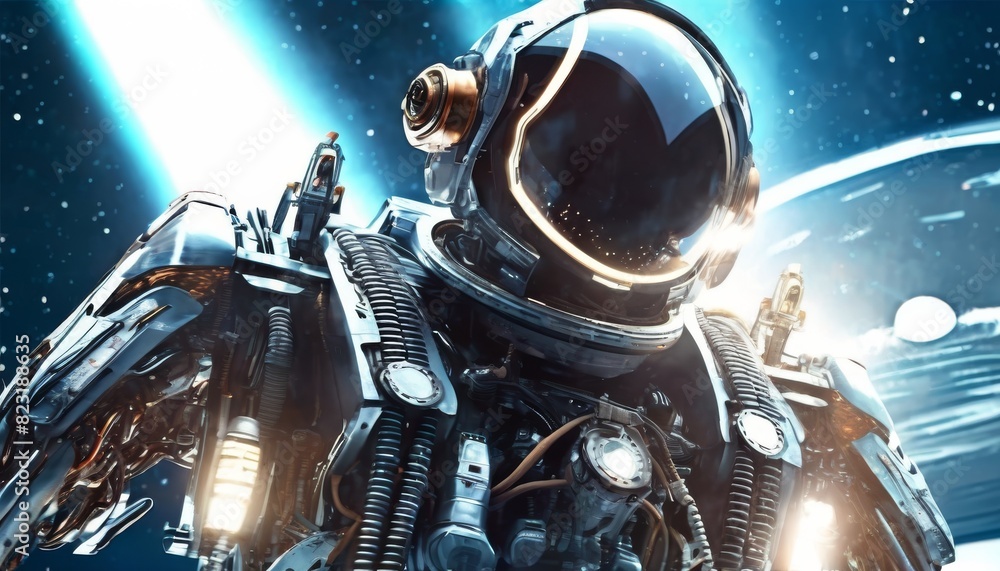 An intricate space robot with an astronaut helmet floats in orbit ...