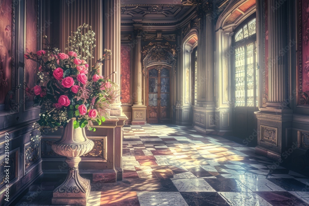 Flowers in Old Castle Interior, Vintage Victorian Hall with Flower Vase ...