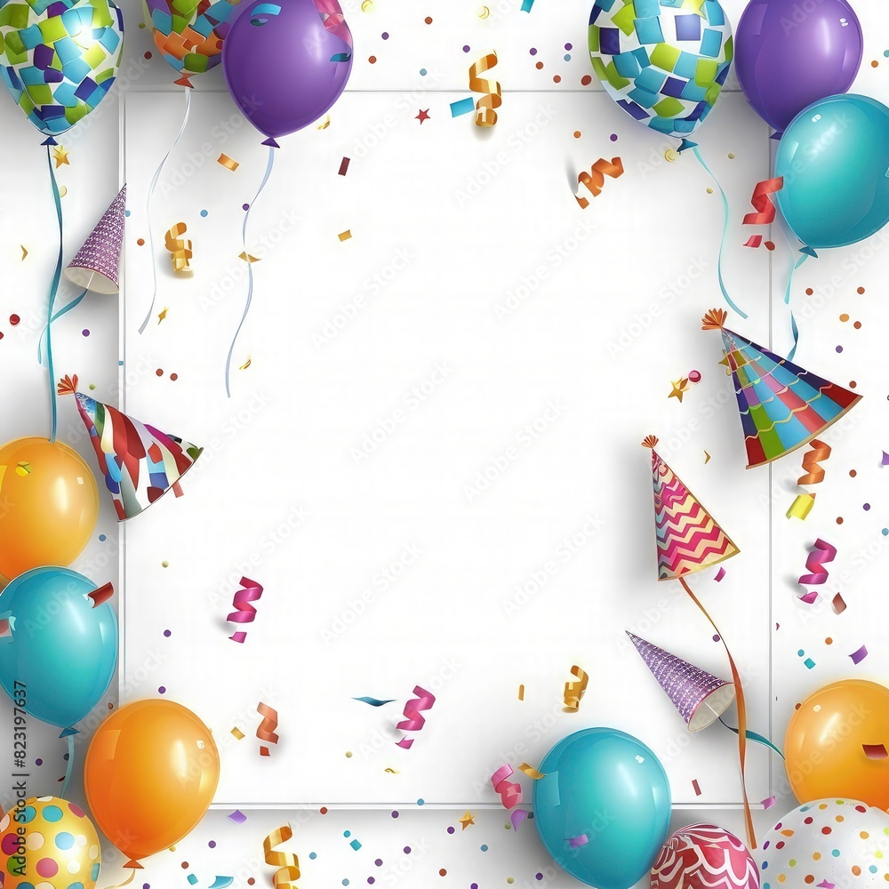 Beautiful birthday background with balloons, confetti and party hat on ...