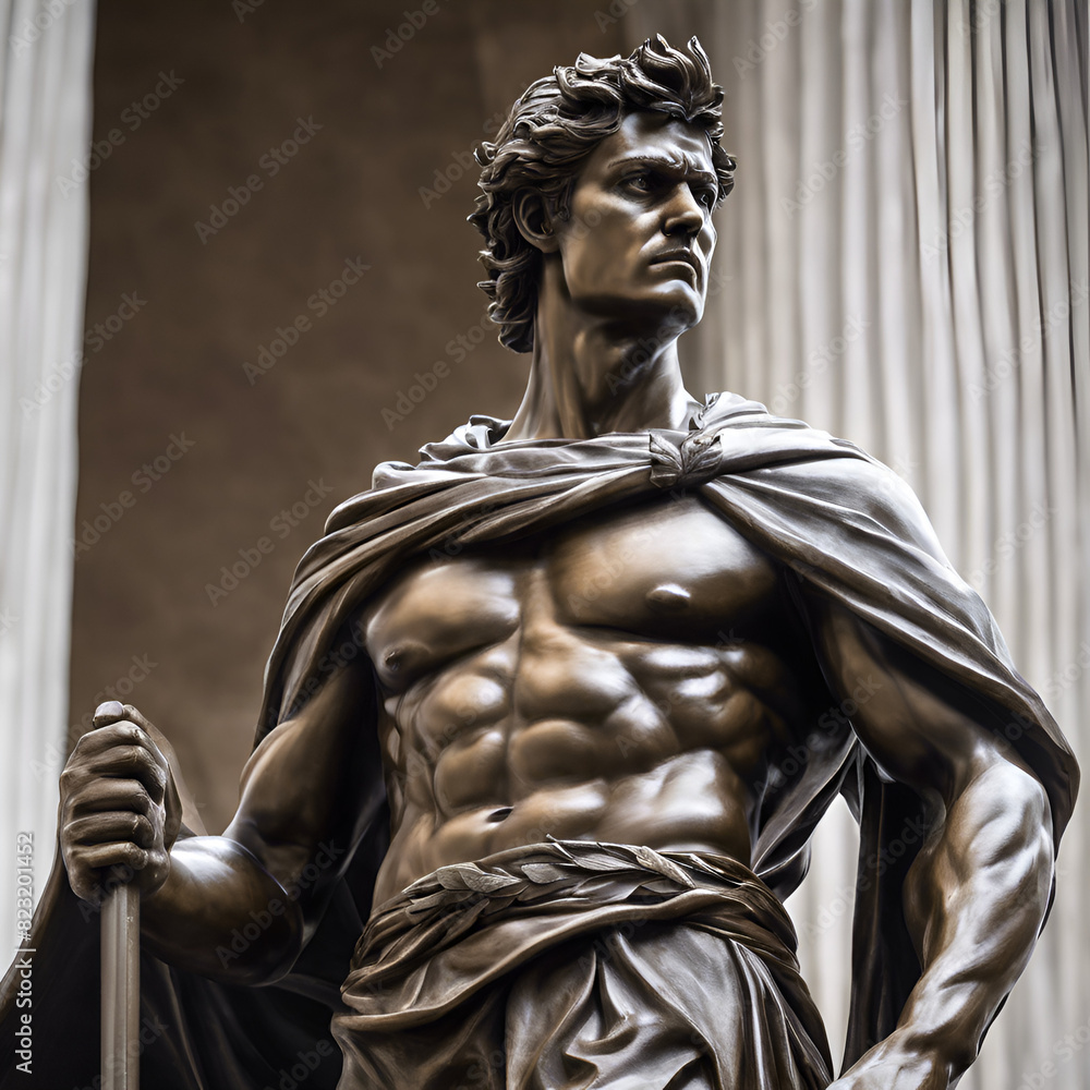 Bronze statue of a hero, with regal attire, a laurel wreath, and a ...