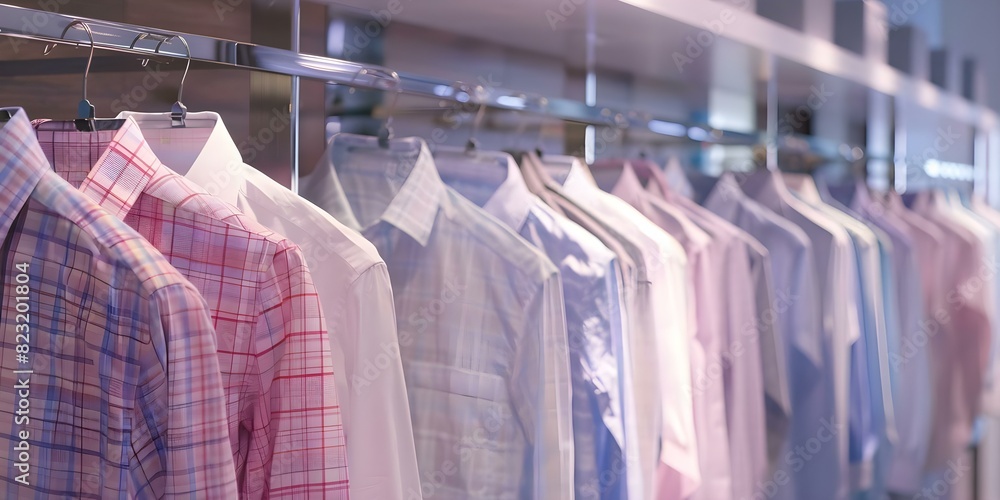 Clean shirts hanging on wallmounted clothes hangers in a mens clothing ...