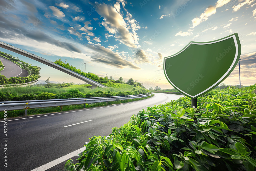 Dynamic shield-shaped road signage on a highway curve, backed by fresh ...