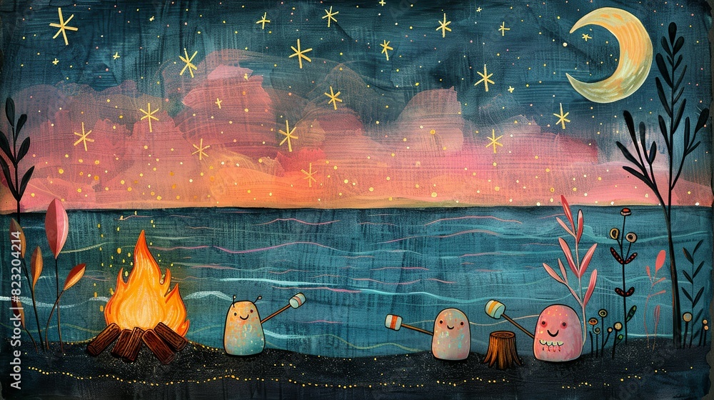 Wallpaper Illustration, Cute Beach Bonfire on Black Sand: A cozy ...