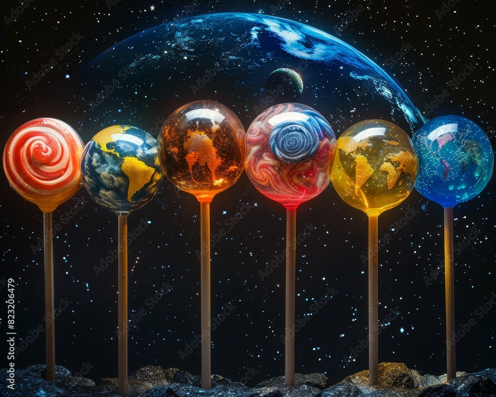 Colorful lollipop planets in a row with a space background ...