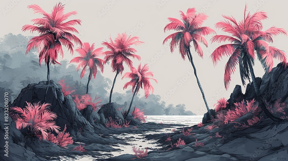 Wallpaper Illustration, Pink Palm Trees on a Black Beach: A stylish ...