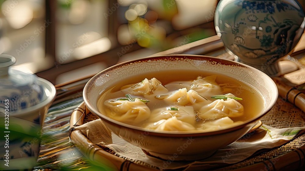 Foto Stock Wonton Soup In a clear broth, served in a ceramic bowl with ...