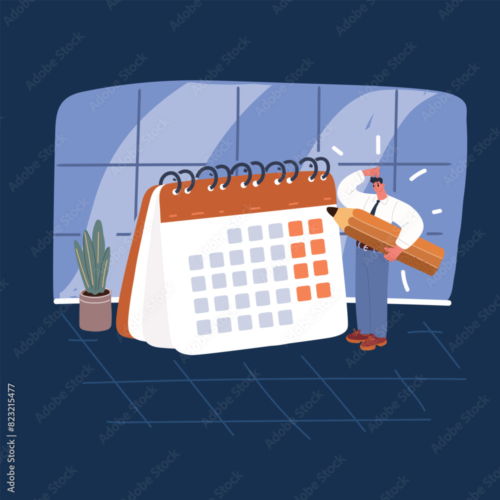 Cartoon vector illustration of Man holding pencil near calendar and ...