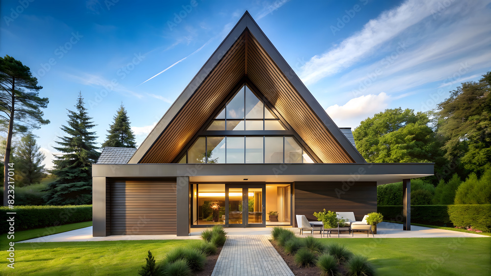 Front View of Modern House with Triangular Roof: Architectural Elegance ...
