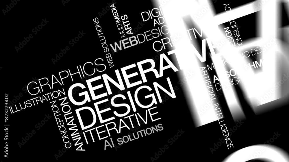 Generative design words tag cloud text white word black background ...