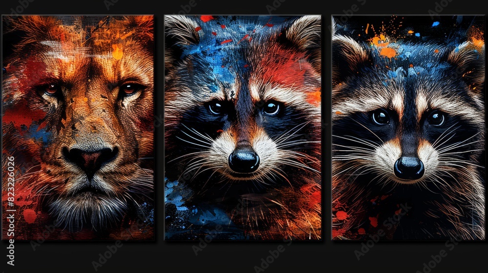A set of three panels depicting a lion, a monkey, a raccoon and a ...