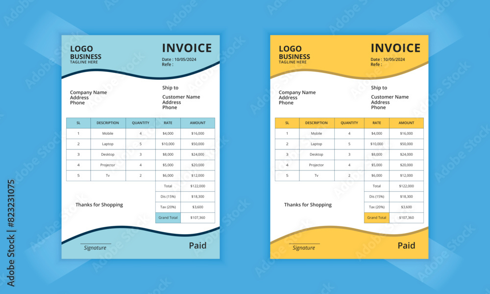 Invoice bill design template. Bill form business invoice and A4 page ...
