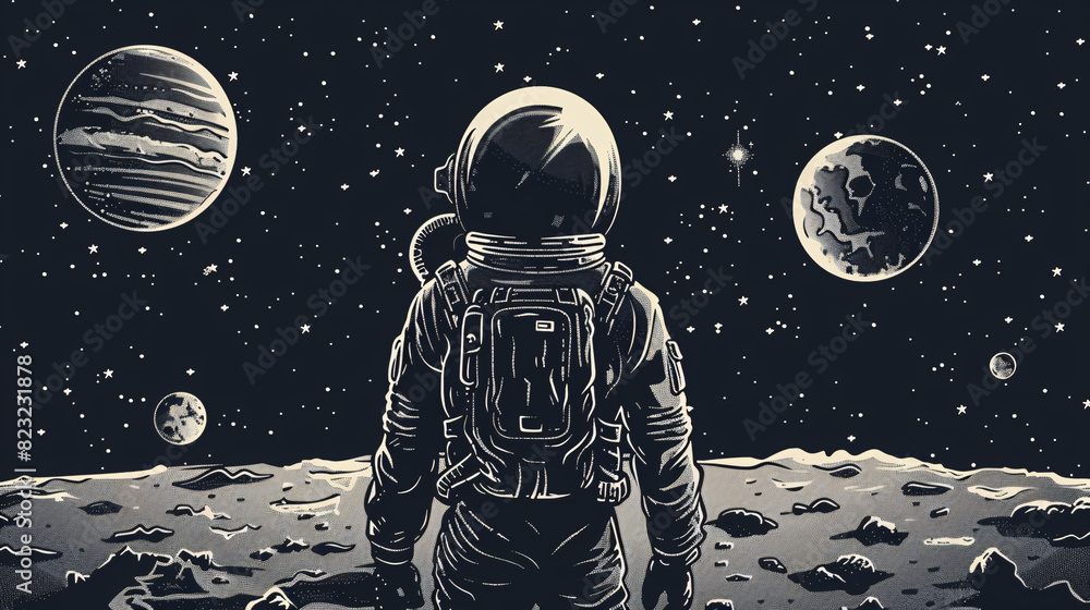 Sketch of a child in a spacesuit floating in outer space, surrounded by stars and planets Stock ...