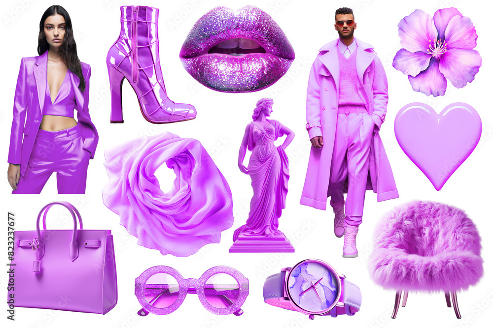 Set of purple fashion outfit model and objects on png background. Ideal ...