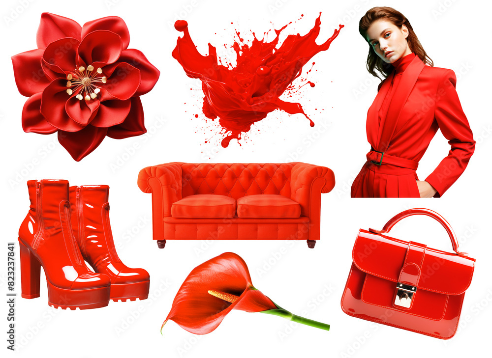 Set of red fashion outfit model and objects on png background. Ideal ...