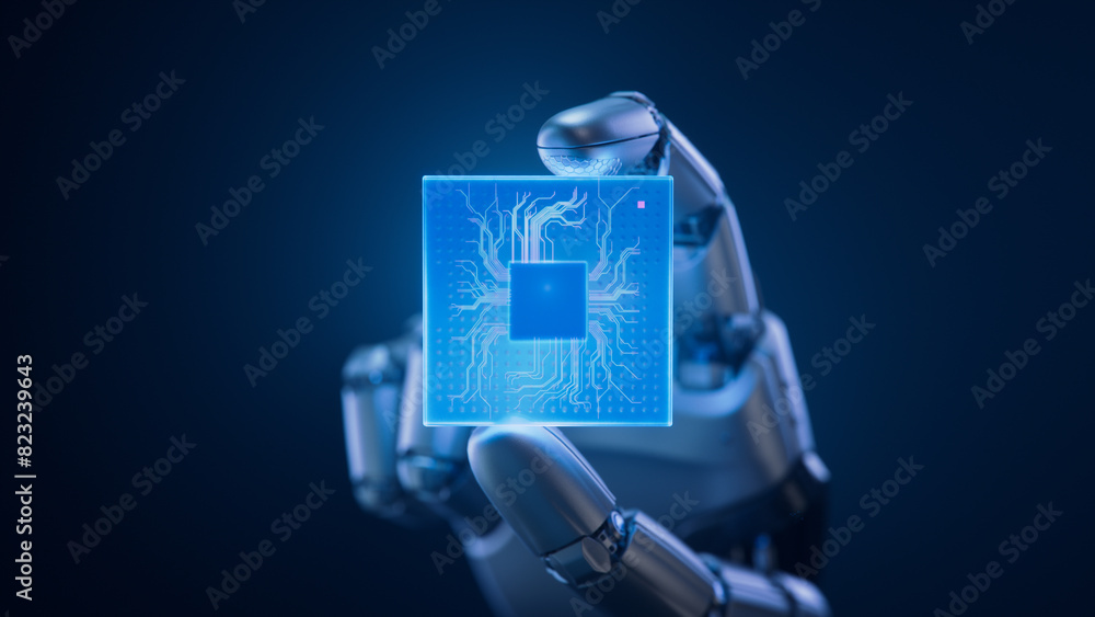 Innovative and Advanced Chip is being held by Metal Hand of Humanoid ...
