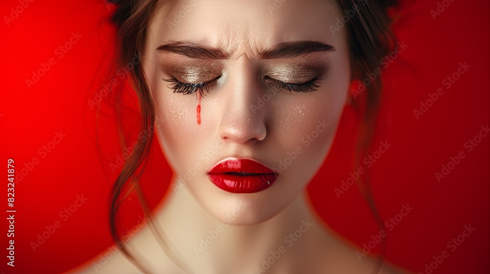 A young woman with blood dripping down her face, tears mixing with red ...
