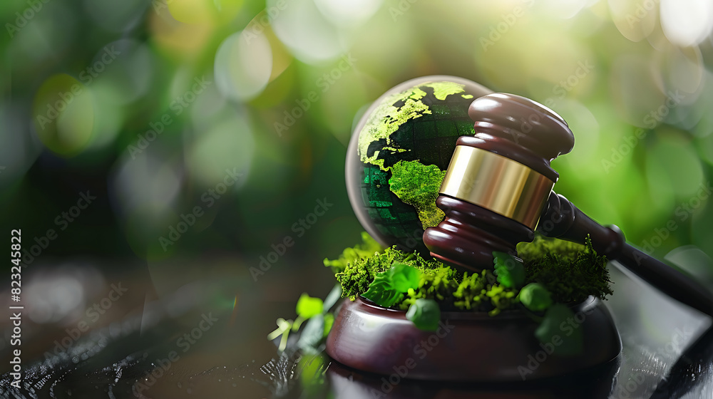 Gavel and green eco Earth globe, international law and green energy concept, sustainable ...