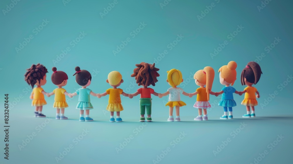3D minimalist cartoon of diverse children holding hands in a circle ...