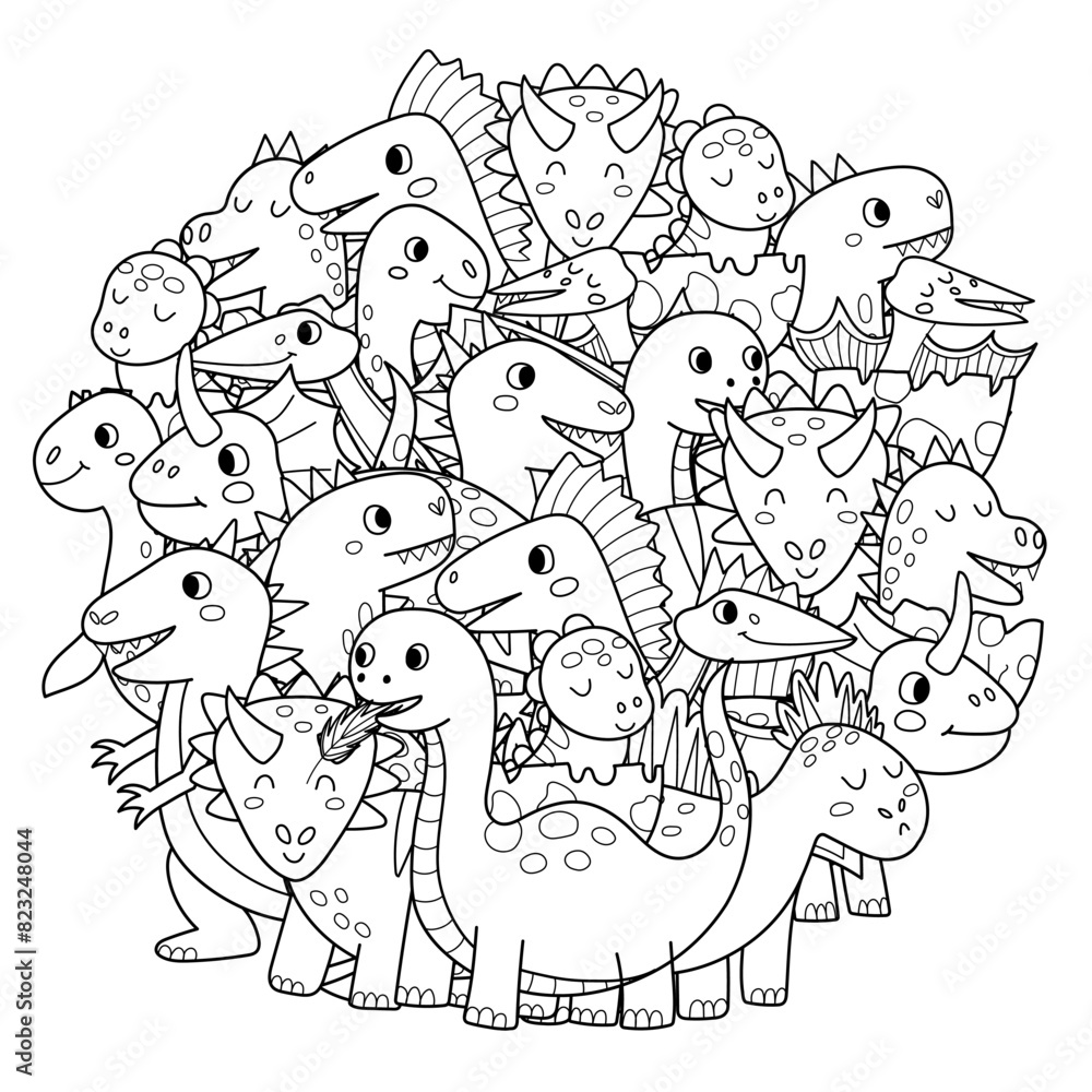 Doodle dinosaurs mandala for kids. Cute dino characters circle shape ...