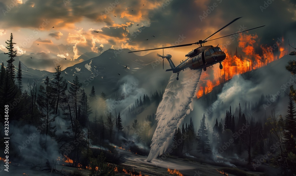 helicopter fighting a forest fire, natural disaster, extinguishing the ...