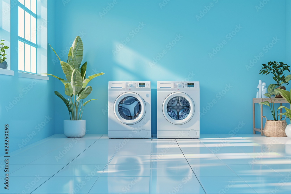 washing machines in a clean utility laundry room or washing service ...