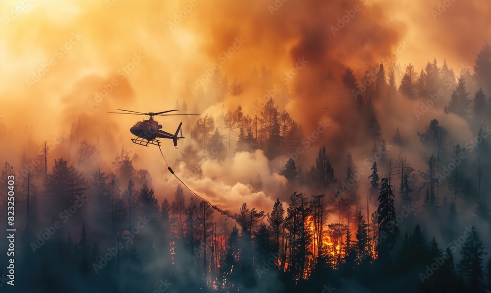 helicopter fighting a forest fire, natural disaster, extinguishing the ...