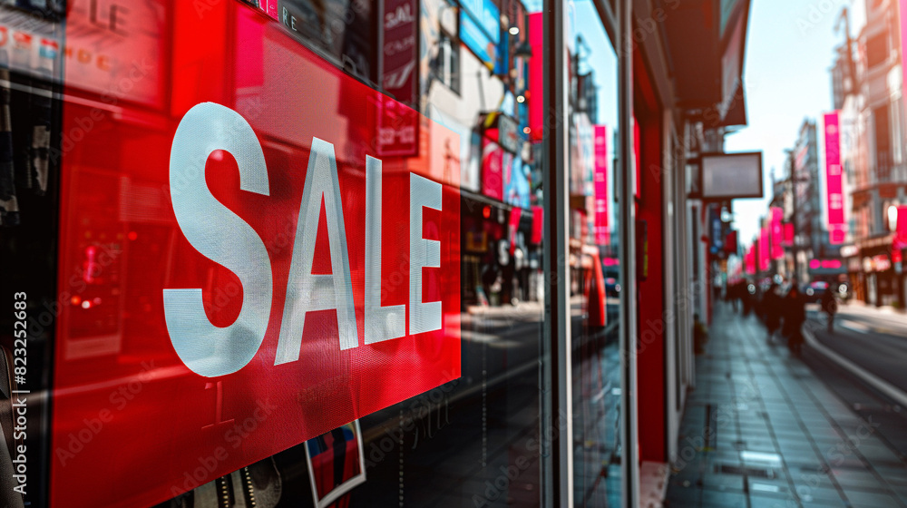 Picture of shop at fashion store window display with text SALE on red ...