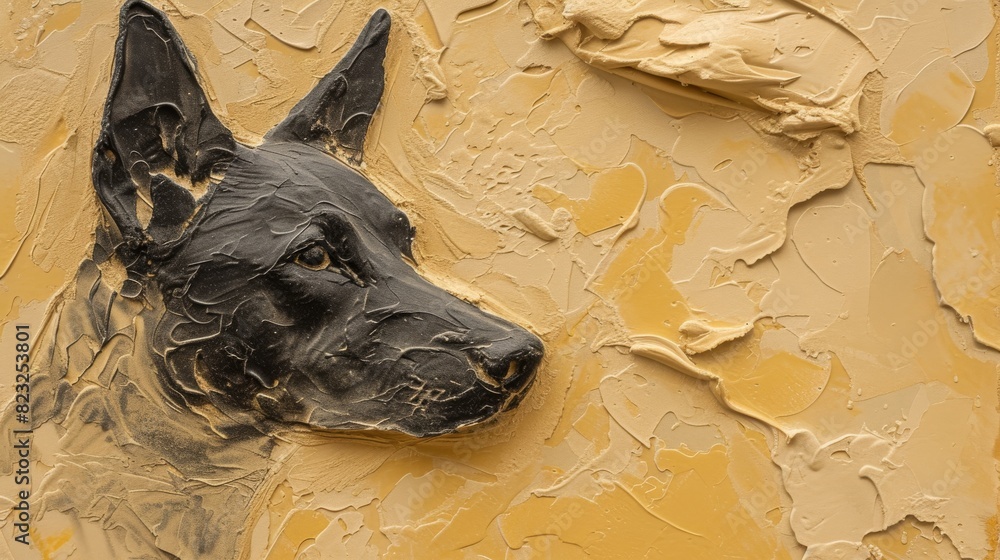 Artistic bas-relief of a black wolf's face on a textured yellow wall ...