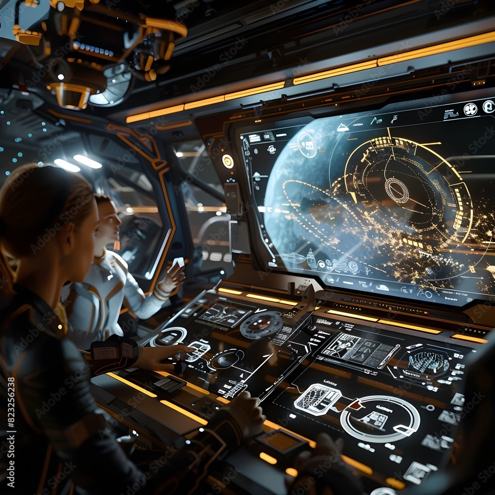 A scene inside a spacecraft's command center, with a diverse crew navigating through a ...