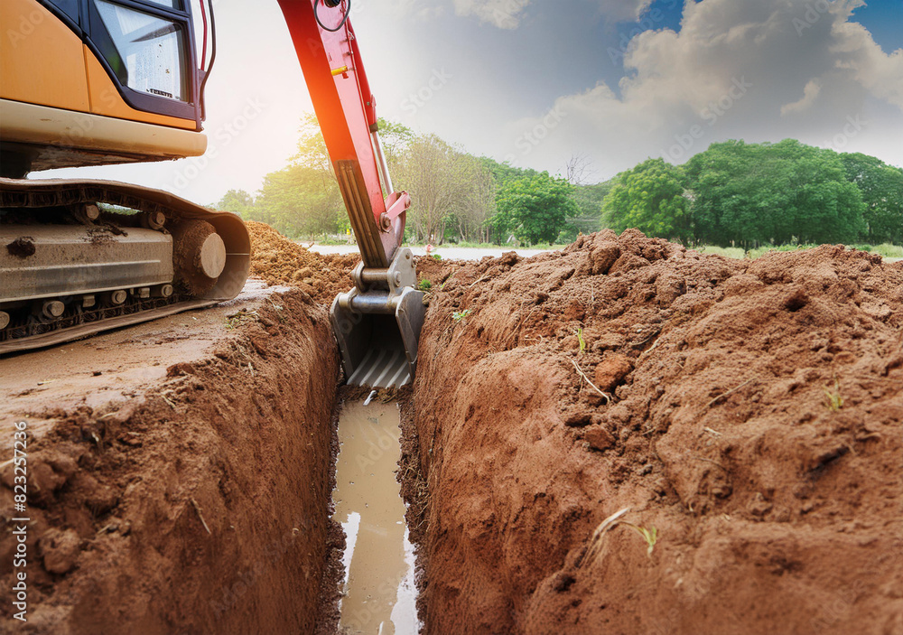 Excavator digging a trench that has filled with water. Groundwater ...