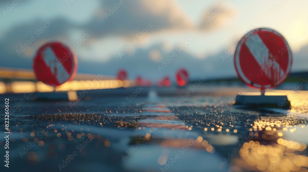 Speed limit signs and warning symbols appearing as if they are floating ...