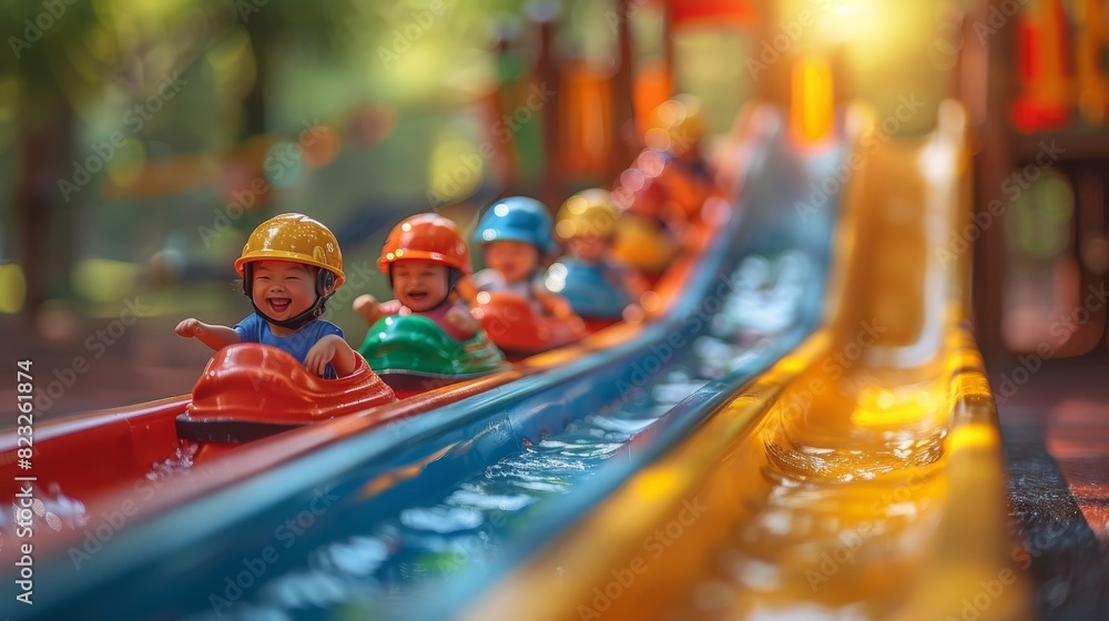 3D realistic cartoon children sliding down a slide and cheering ...