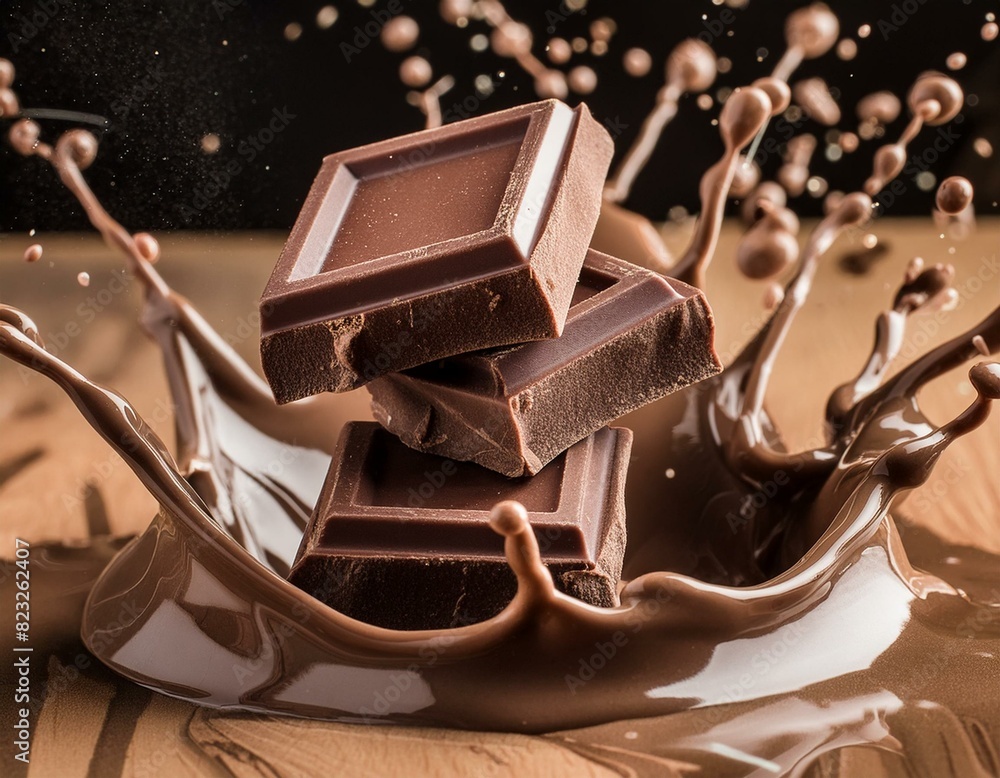 Delicious chocolate bar pieces falling into chocolate splash Stock ...