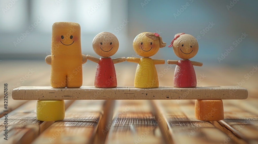 3D realistic cartoon children playing on a balance beam and helping ...