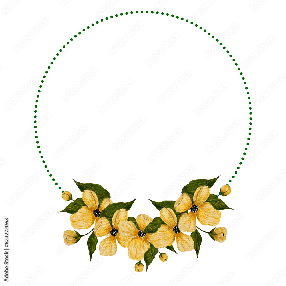 Beautiful round frame with small yellow flowers without background in ...